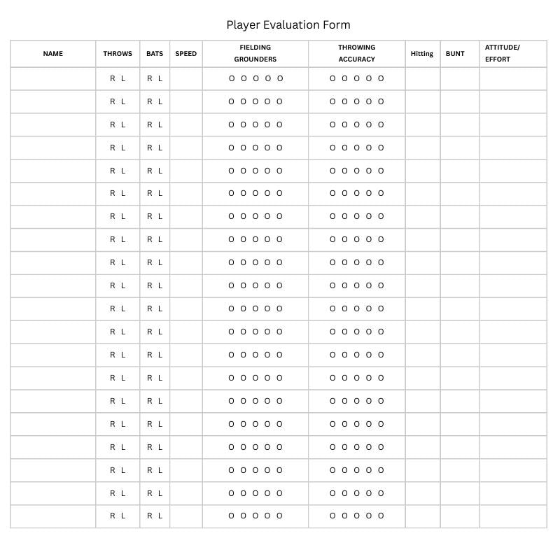 Softball/baseball Player Evaluation PDF Form Printable - Etsy