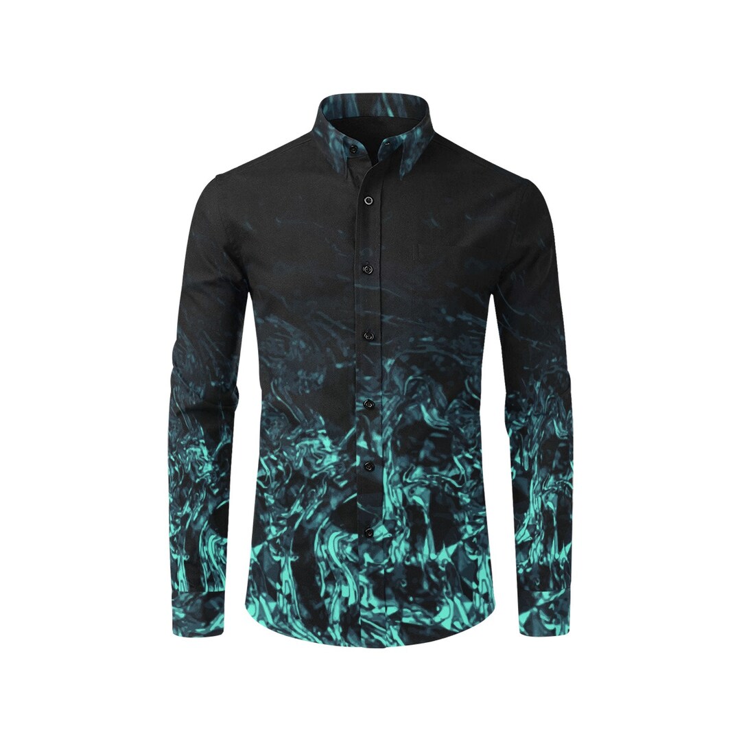 Windy Nite - Men's Casual Dress Shirt - Blue Green Black Geometric ...