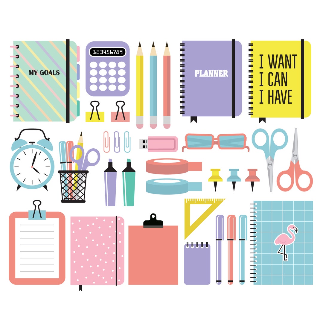 Stationery Clipart. Notepads, Pens, Paper Clips, Alarm Clock, Scissors ...