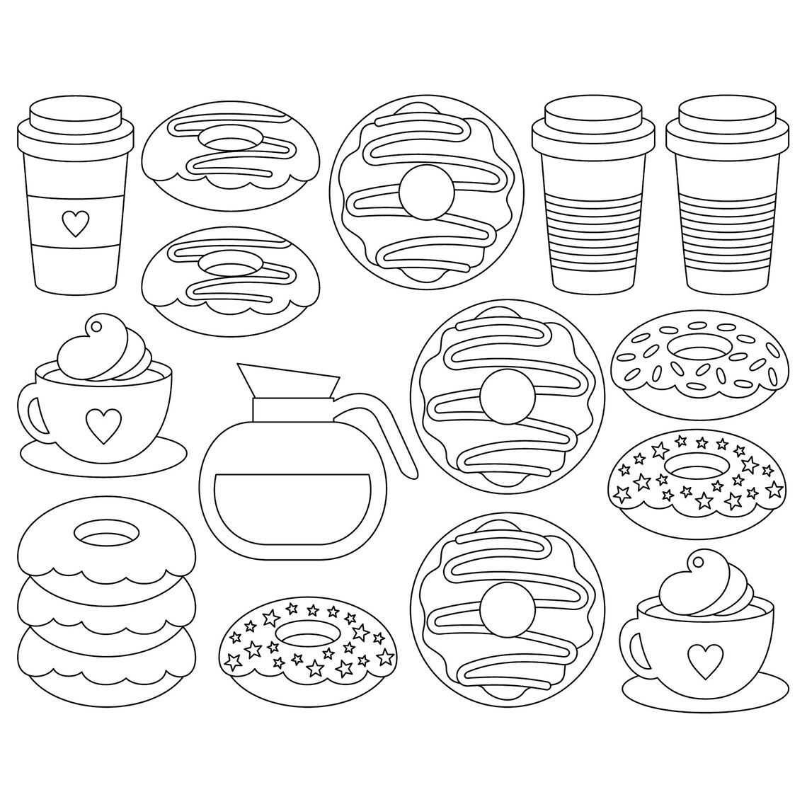 Donuts and Coffee Digital Stamps. Donuts Line Art. Donuts - Etsy