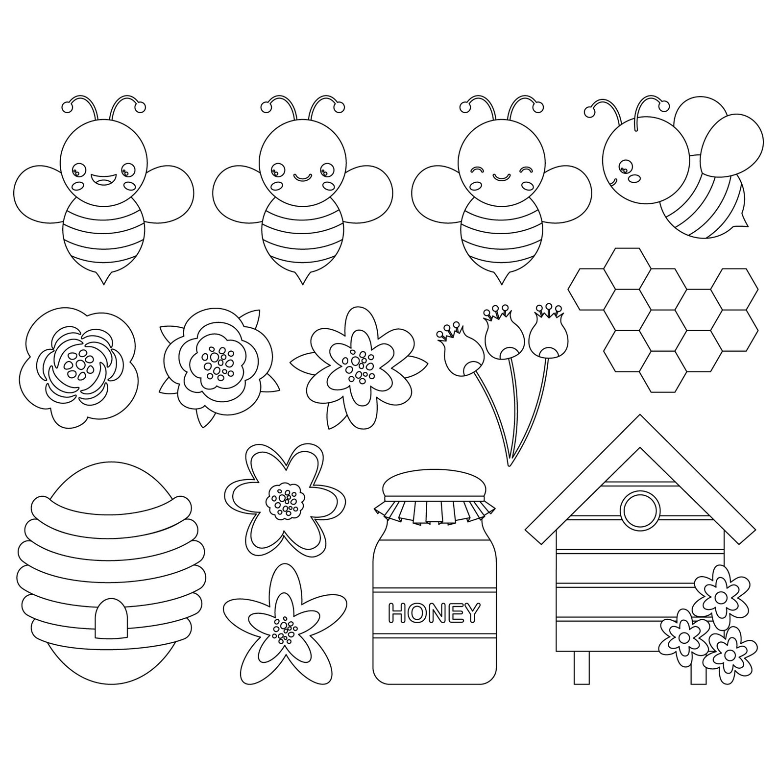Bees Digital Stamps. Bees Line Art. Bees Outlines. Digital Images ...