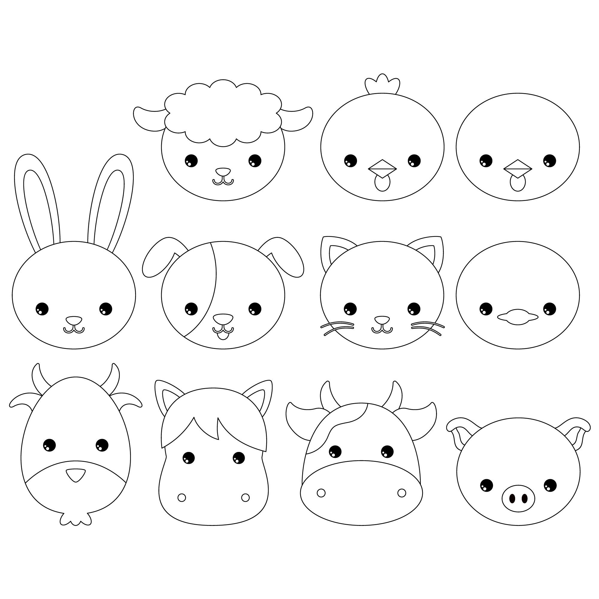 Farm Animals Faces Digital Stamps. Farm Animals Faces Line Art. Farm ...