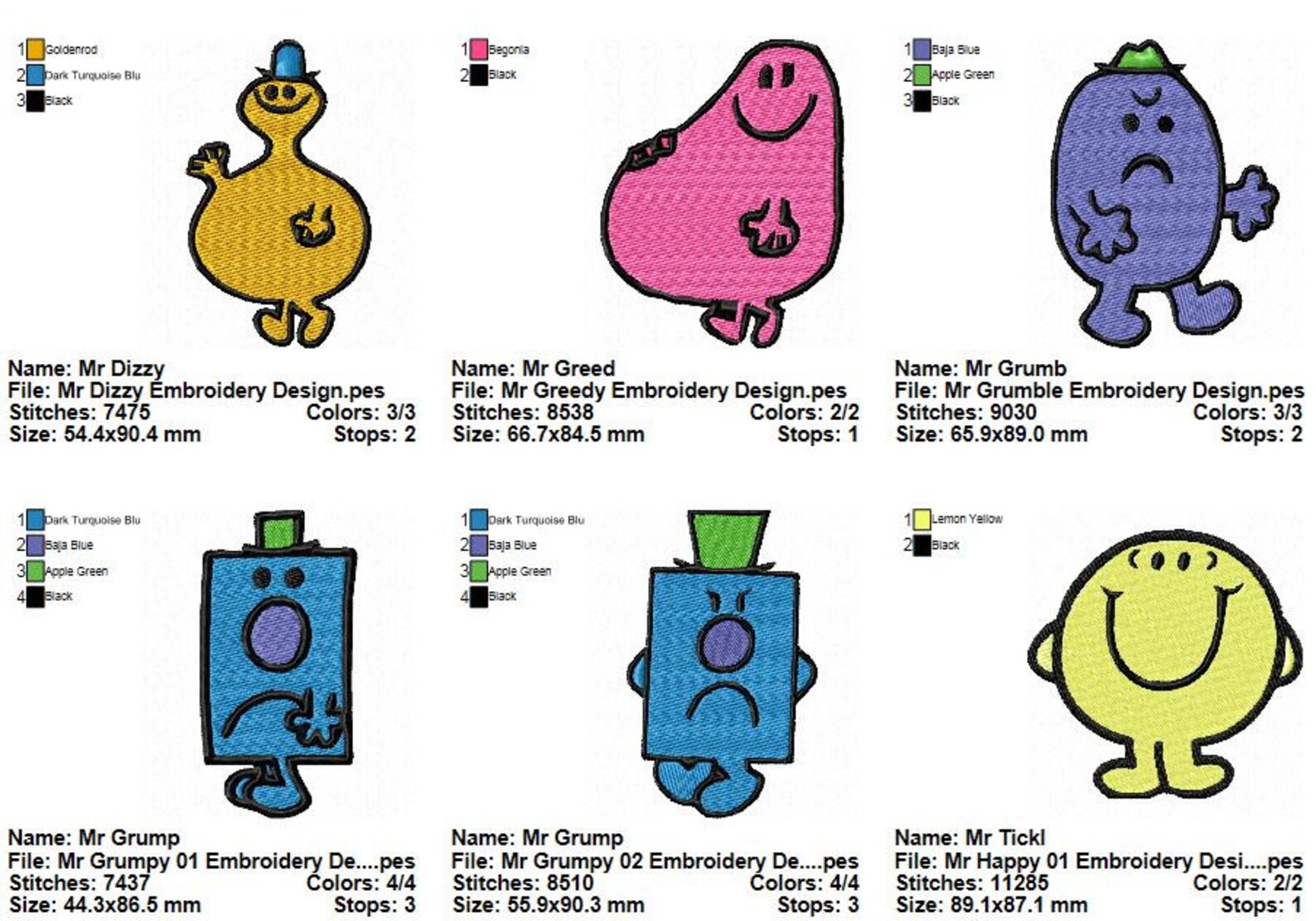 Package 30 Mr Men Embroidery Designs | Etsy