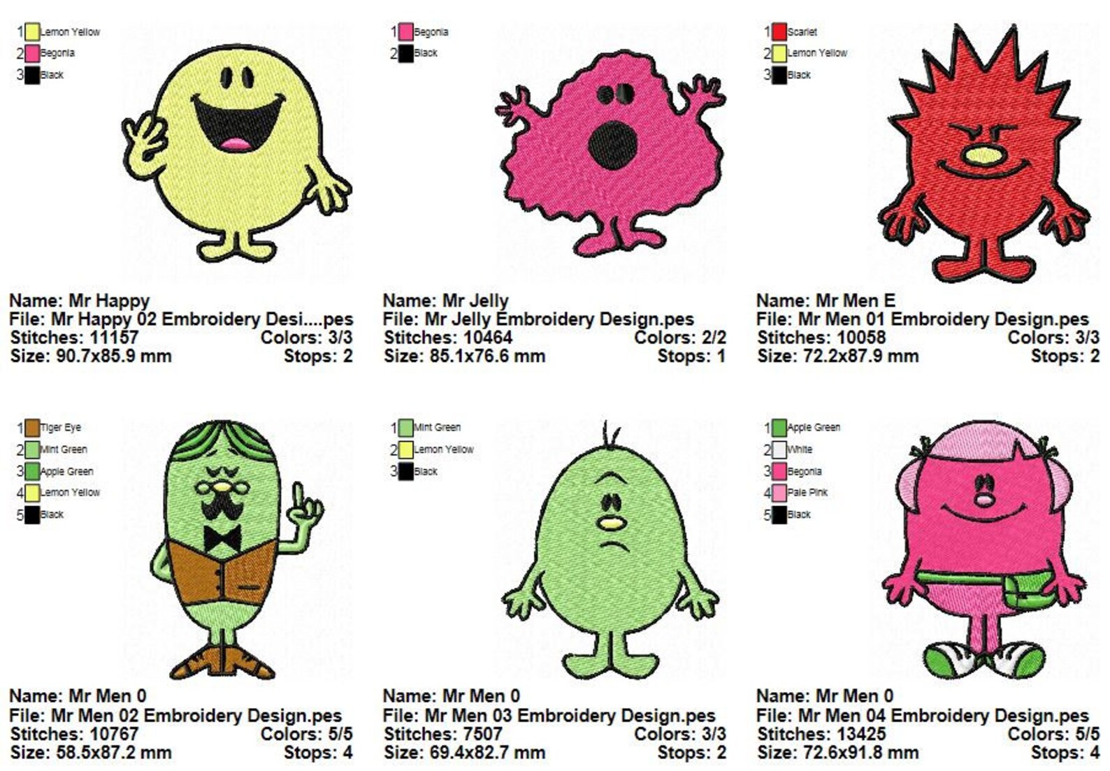 Package 30 Mr Men Embroidery Designs | Etsy