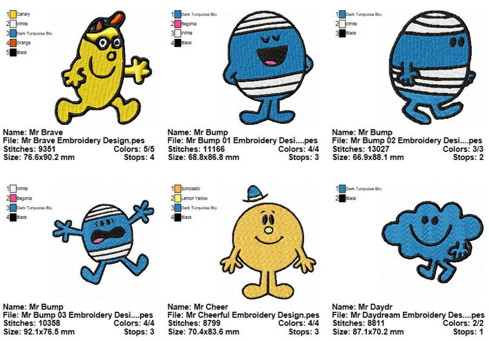 Package 30 Mr Men Embroidery Designs | Etsy
