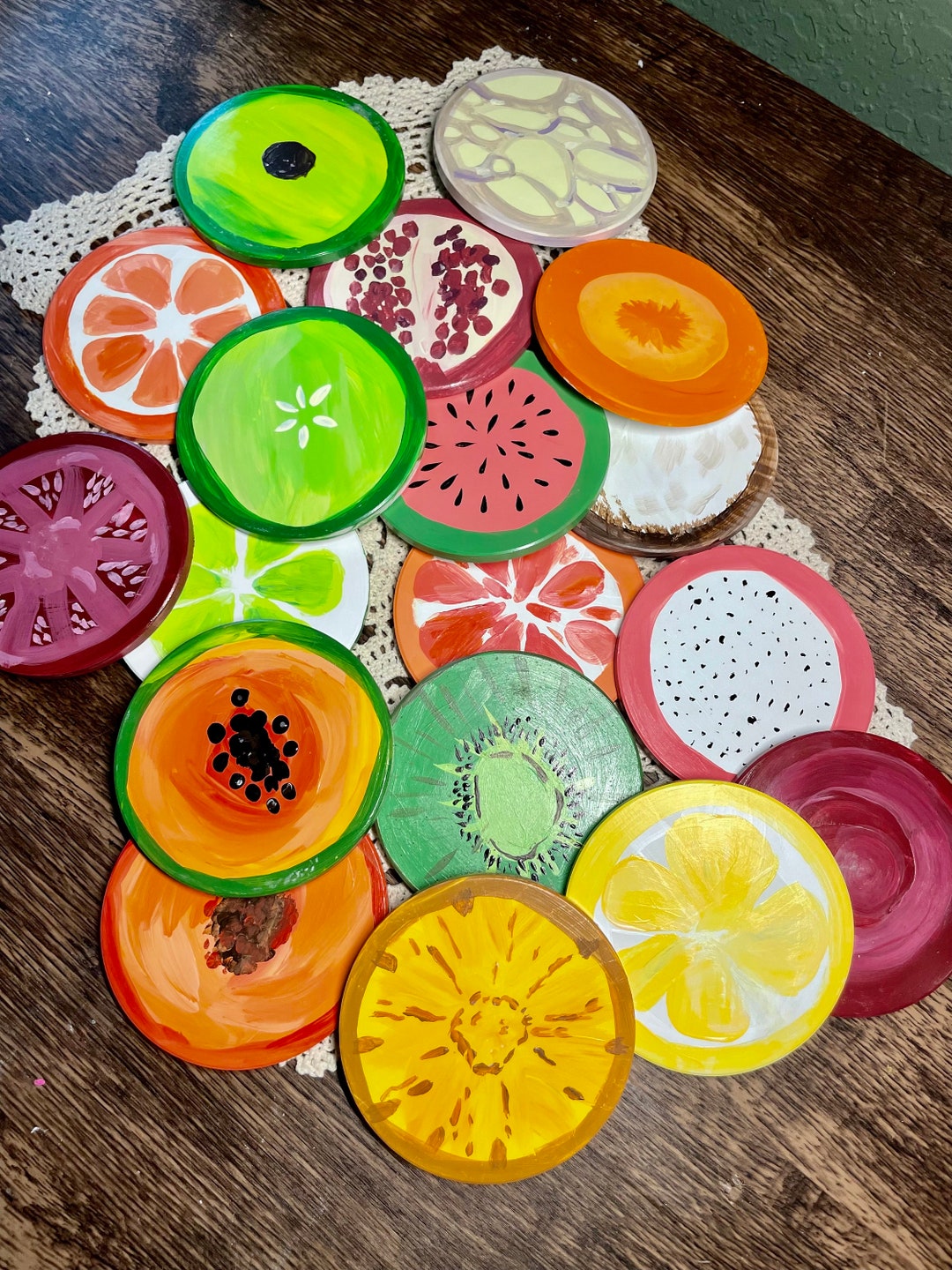 Handpainted Ceramic Fruit Vegetable Slice Art Coaster | Art Tile, Spoon ...
