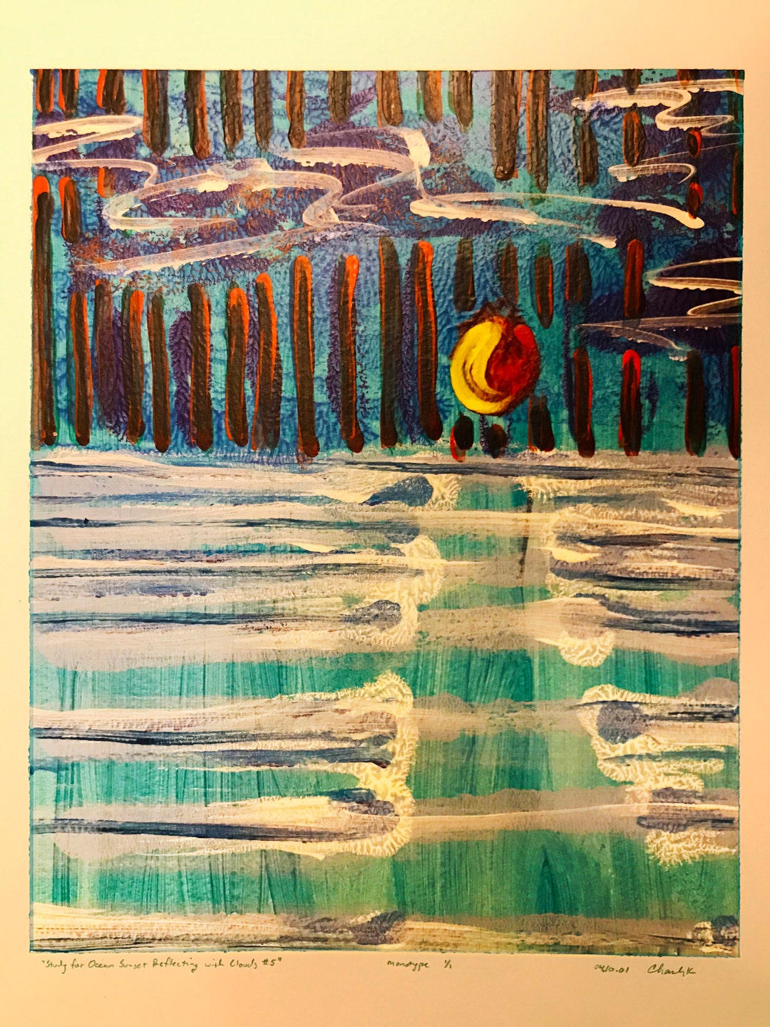 Acrylic Monotype on Watercolor Paper Romantic Abstract Ocean Painting ...