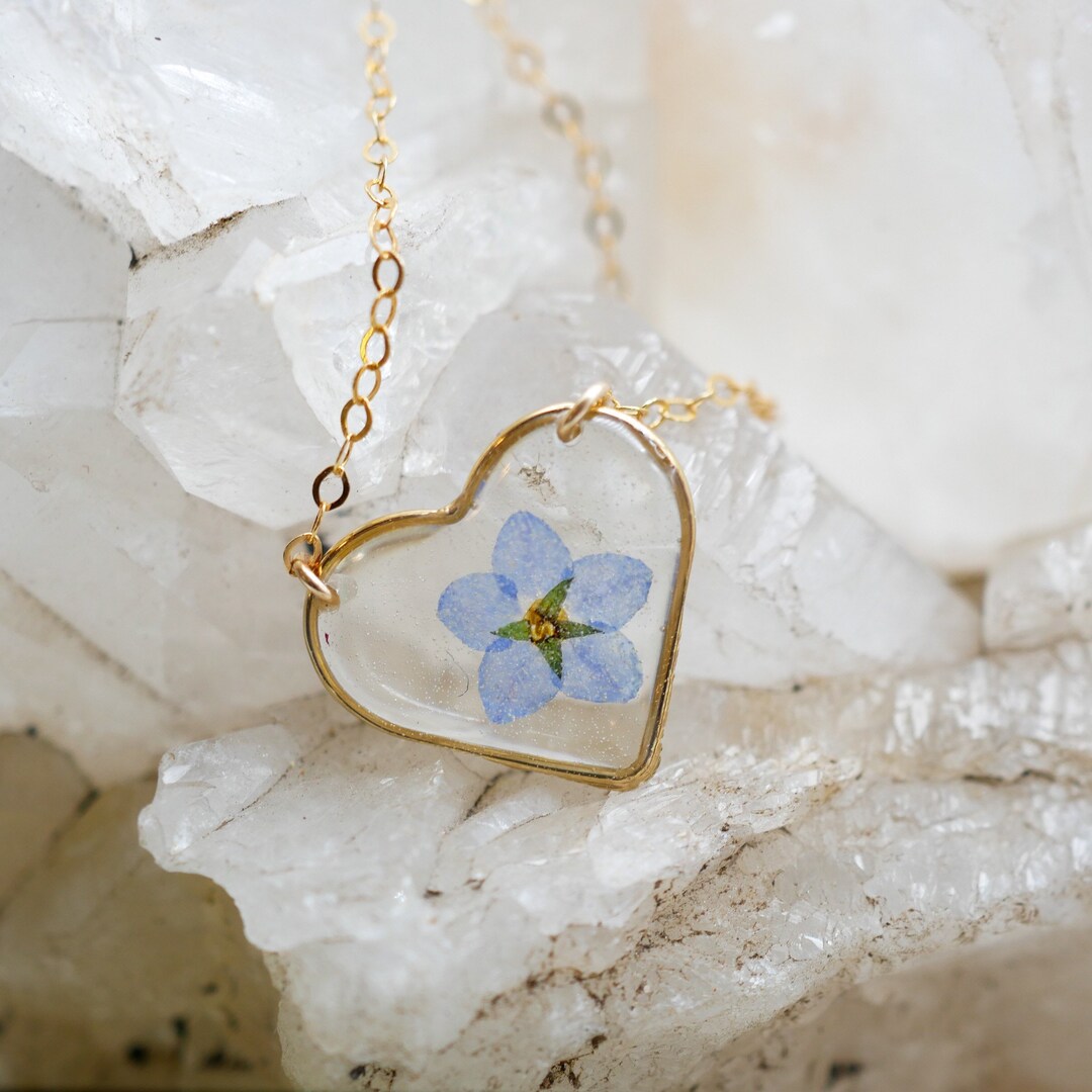 Heart Necklace: Dainty Forget Me Not Flower - Gold or Sterling Silver ...