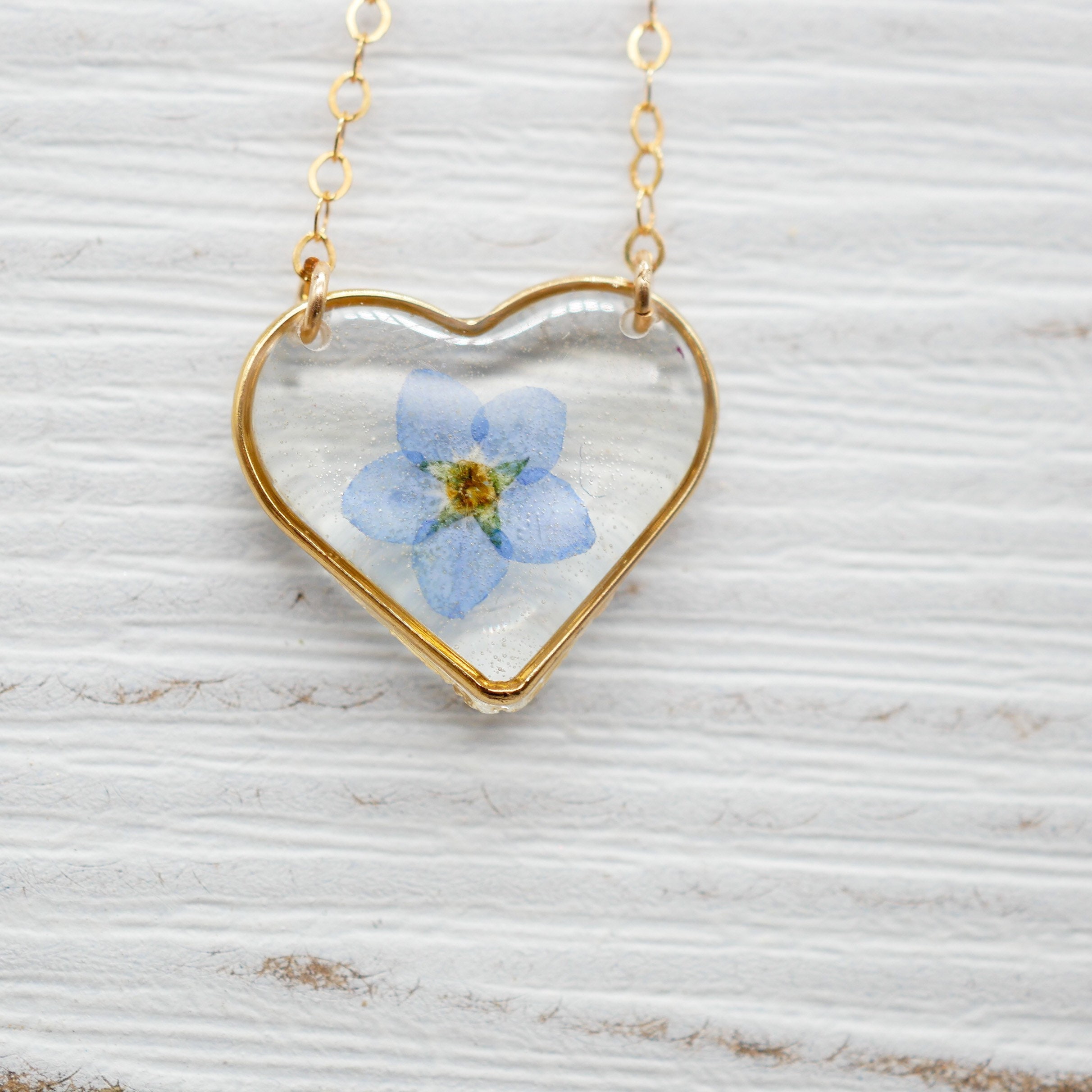 Heart Necklace: Dainty Forget Me Not Flower - Gold or Sterling Silver ...