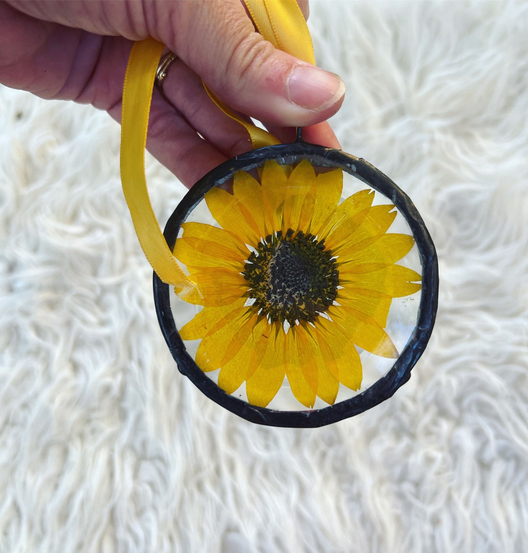 Pressed Sunflower Glass Ornament, Real Flower Ornament, Hand Soldered ...