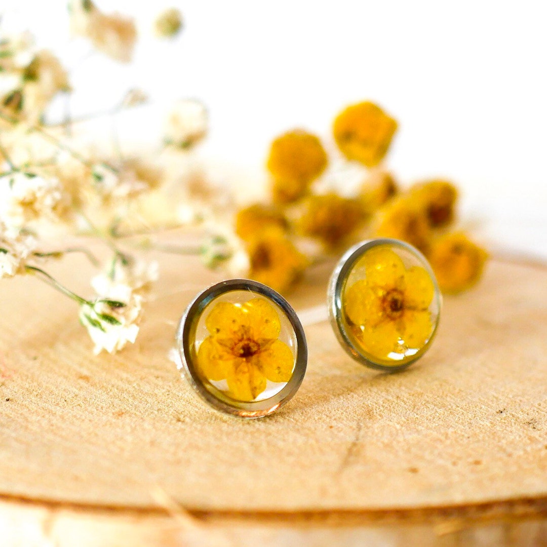 Yellow Pressed Flower Earrings, Botanical Stud Earrings, Pressed Flower ...