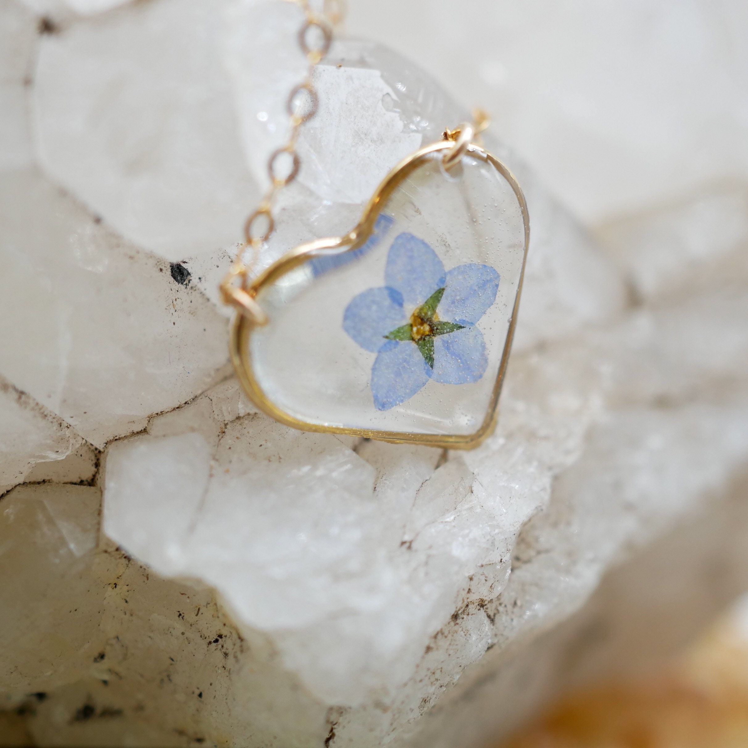Heart Necklace: Dainty Forget Me Not Flower - Gold or Sterling Silver ...