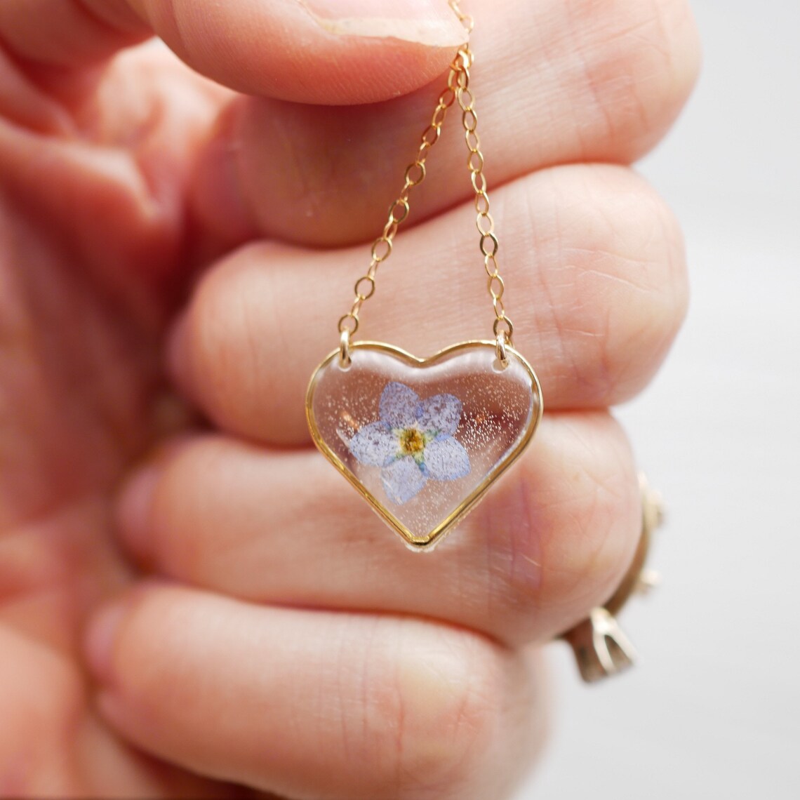 Heart Necklace: Dainty Forget Me Not Flower - Gold or Sterling Silver ...