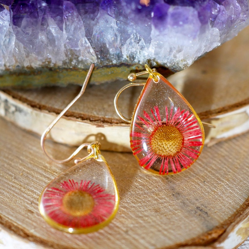 Pressed flower earrings red daisy earrings real flower | Etsy