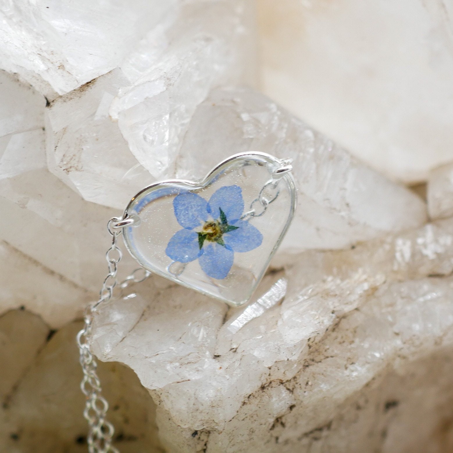 Heart Necklace: Dainty Forget Me Not Flower - Gold or Sterling Silver ...