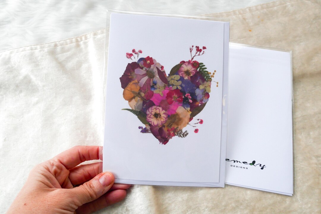 Pressed Flower Heart Greeting Card, Print, Floral Collage Heart ...
