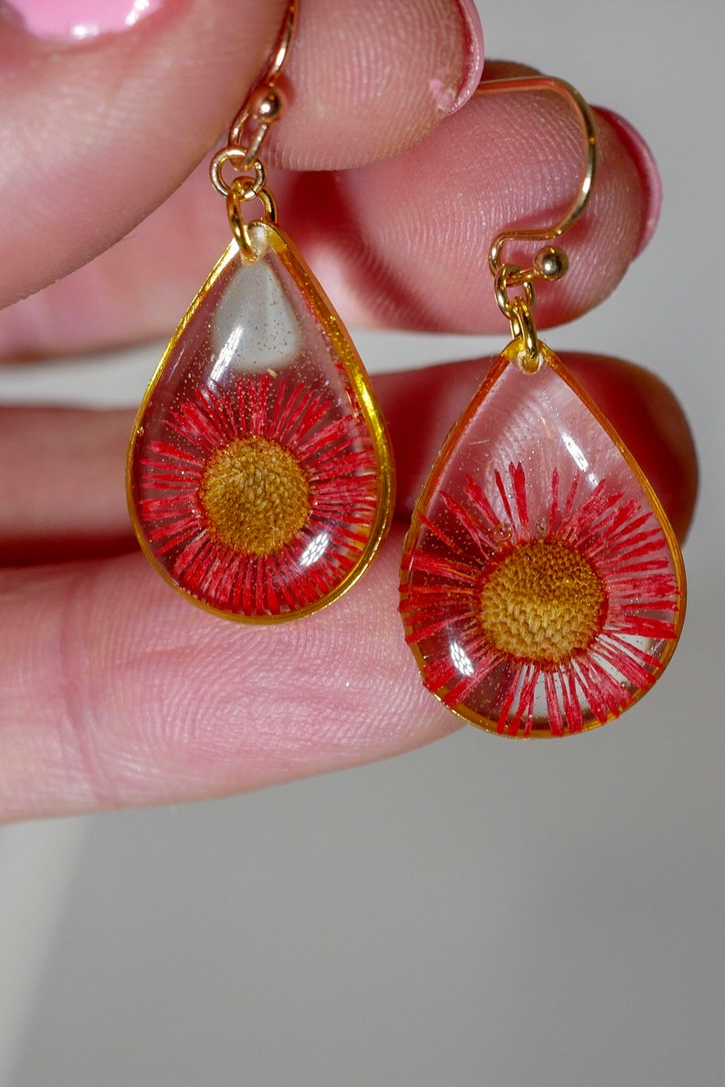 Pressed flower earrings red daisy earrings real flower | Etsy
