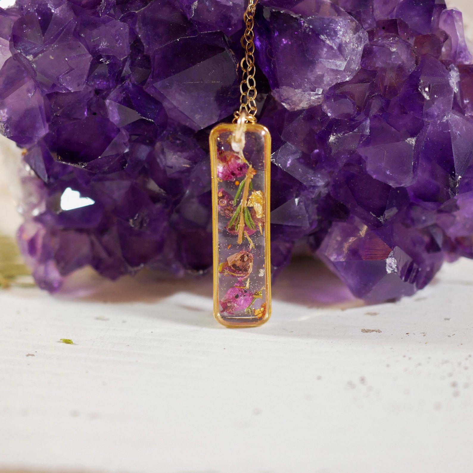 Pressed Heather Bar Necklace Dainty Gold Vertical Bar - Etsy