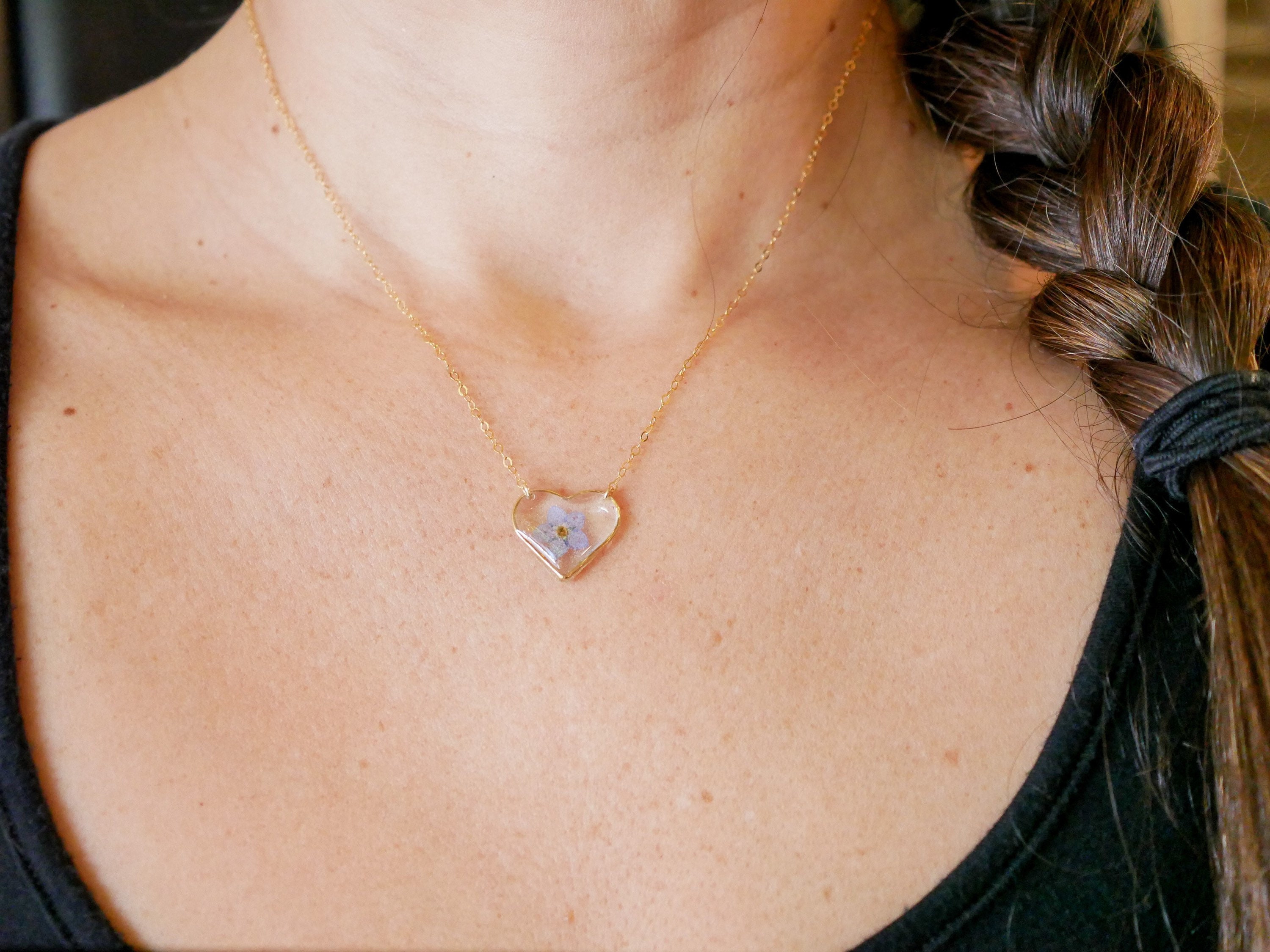 Heart Necklace: Dainty Forget Me Not Flower - Gold or Sterling Silver ...
