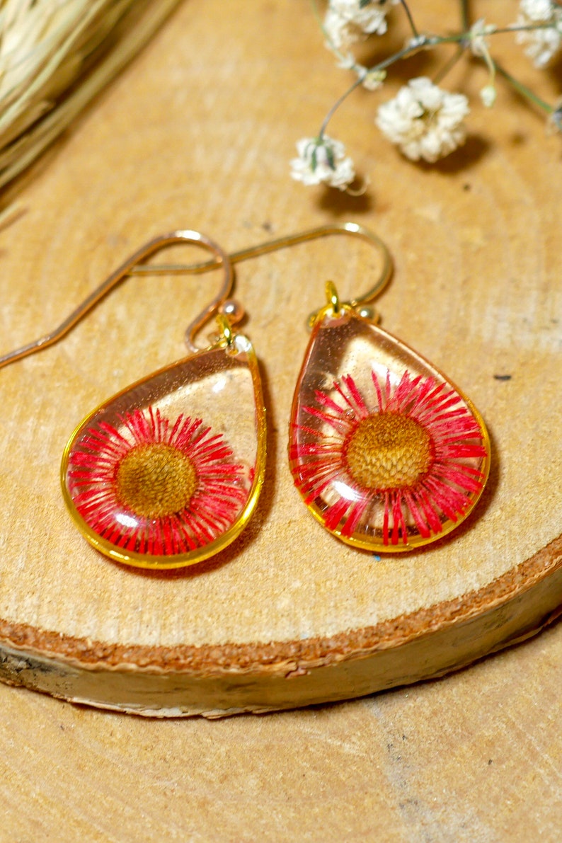 Pressed flower earrings red daisy earrings real flower | Etsy