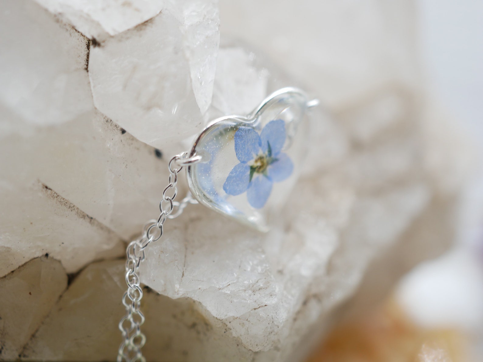 Heart Necklace: Dainty Forget Me Not Flower - Gold or Sterling Silver ...