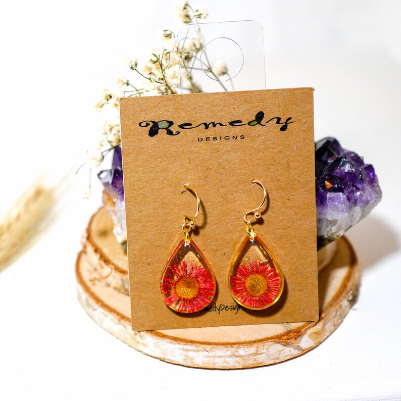 Pressed flower earrings red daisy earrings real flower | Etsy