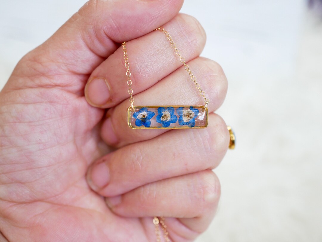 Forget Me Not Bar Necklace, Dainty Flower Jewelry, Pressed Flower ...