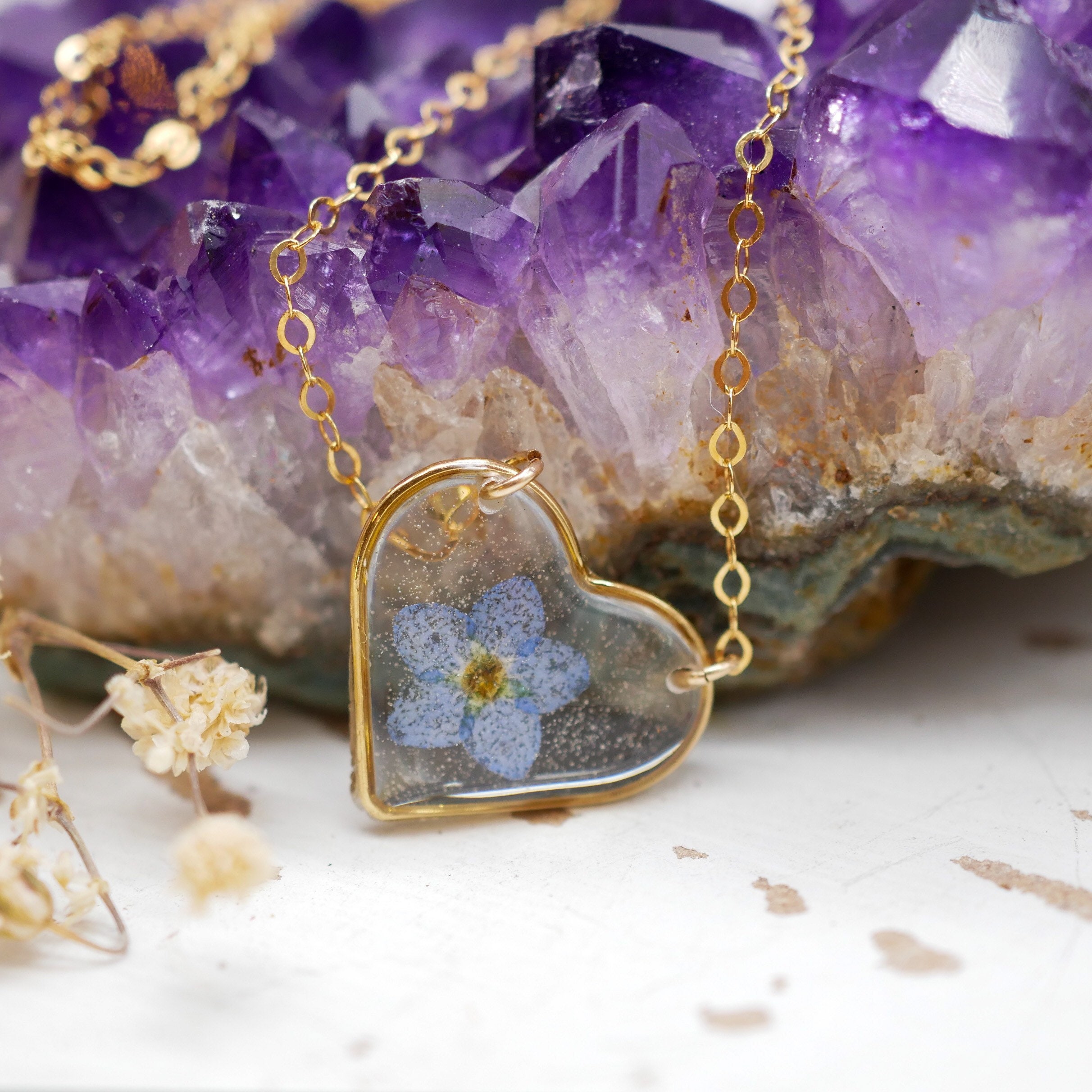 Heart Necklace: Dainty Forget Me Not Flower - Gold or Sterling Silver ...