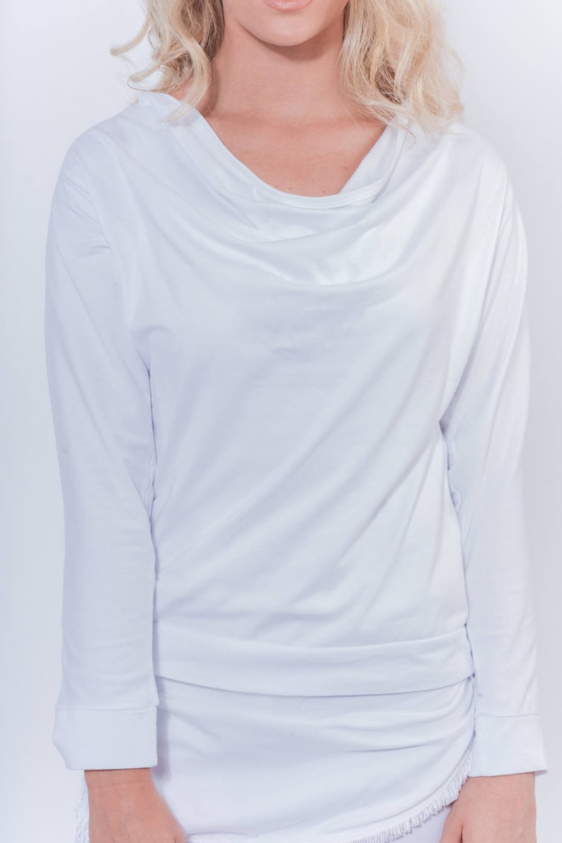 Women's White Long Sleeve Cowl Neck Top Cotton Casual - Etsy UK
