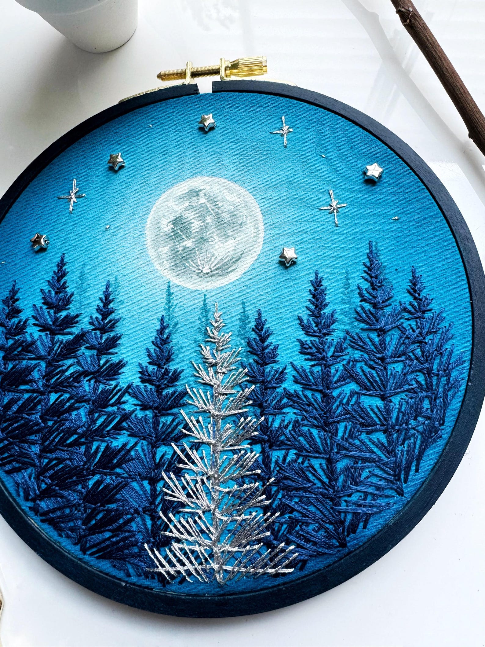 6” Blue With Silver Moonscape-watercolor Embroidery - Etsy