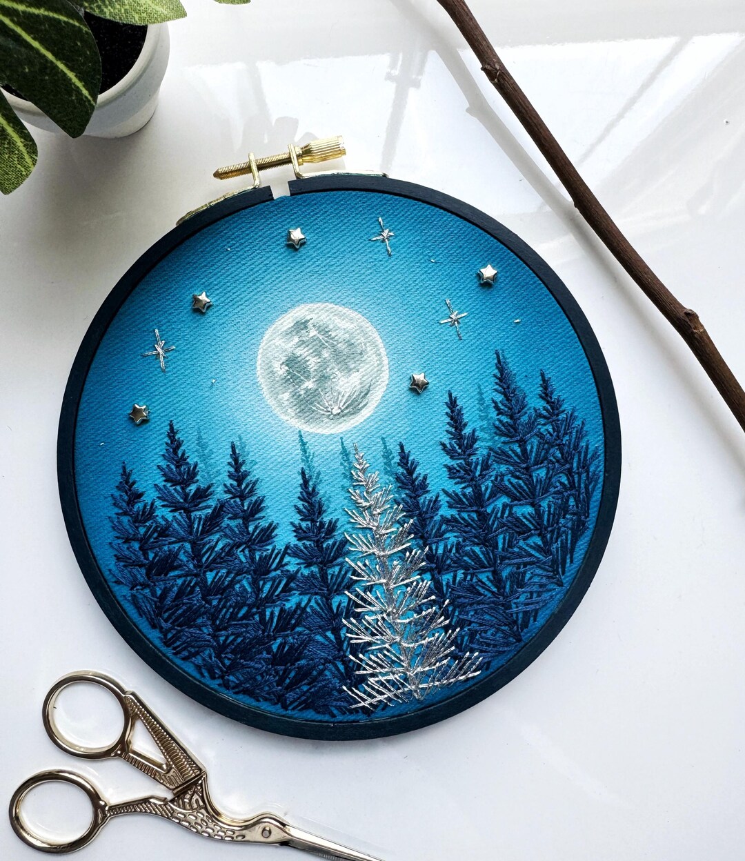 6” Blue With Silver Moonscape-watercolor Embroidery - Etsy