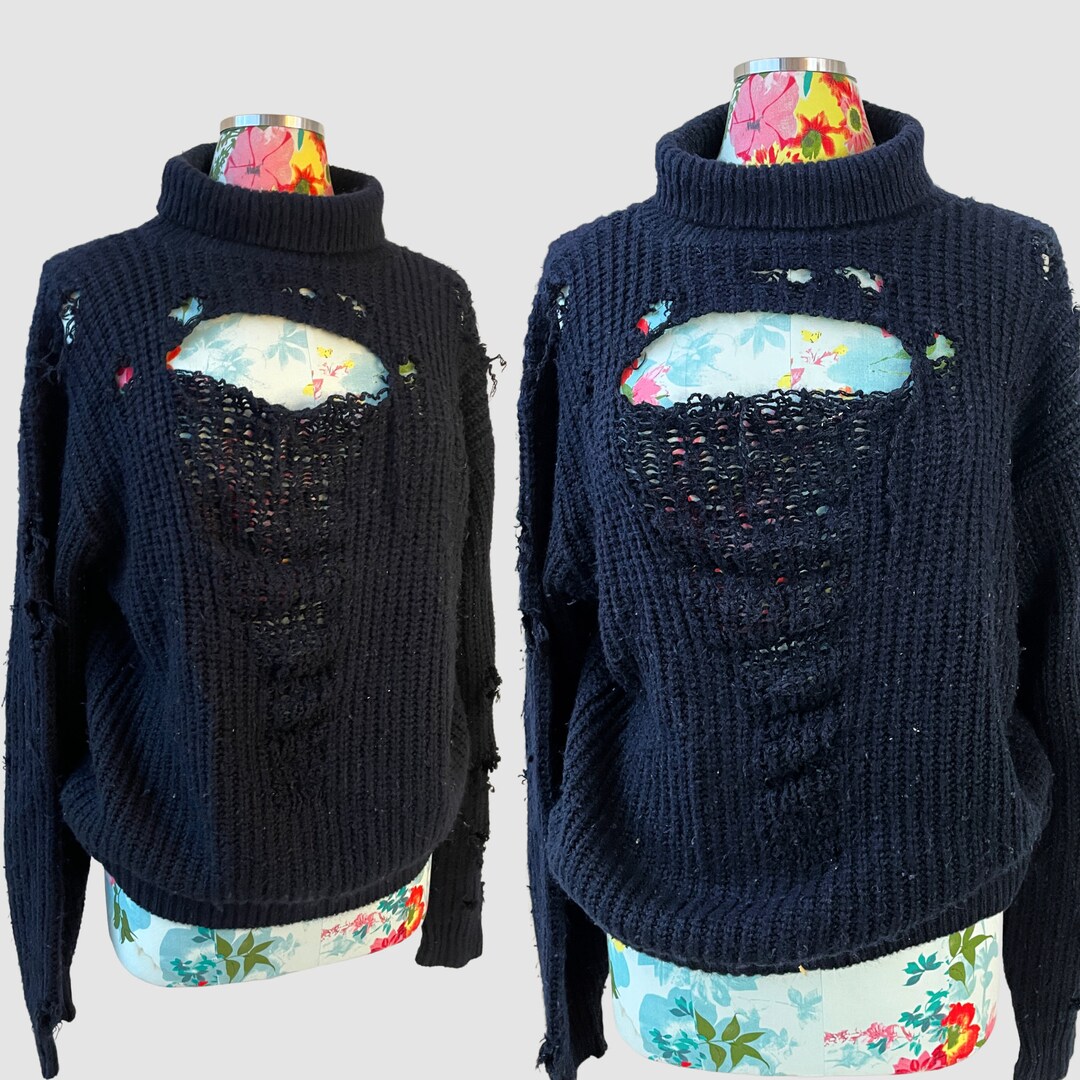 Punk Inspo Black Chunky Knit Vintage Shredded Sweater Mock Turtleneck ...