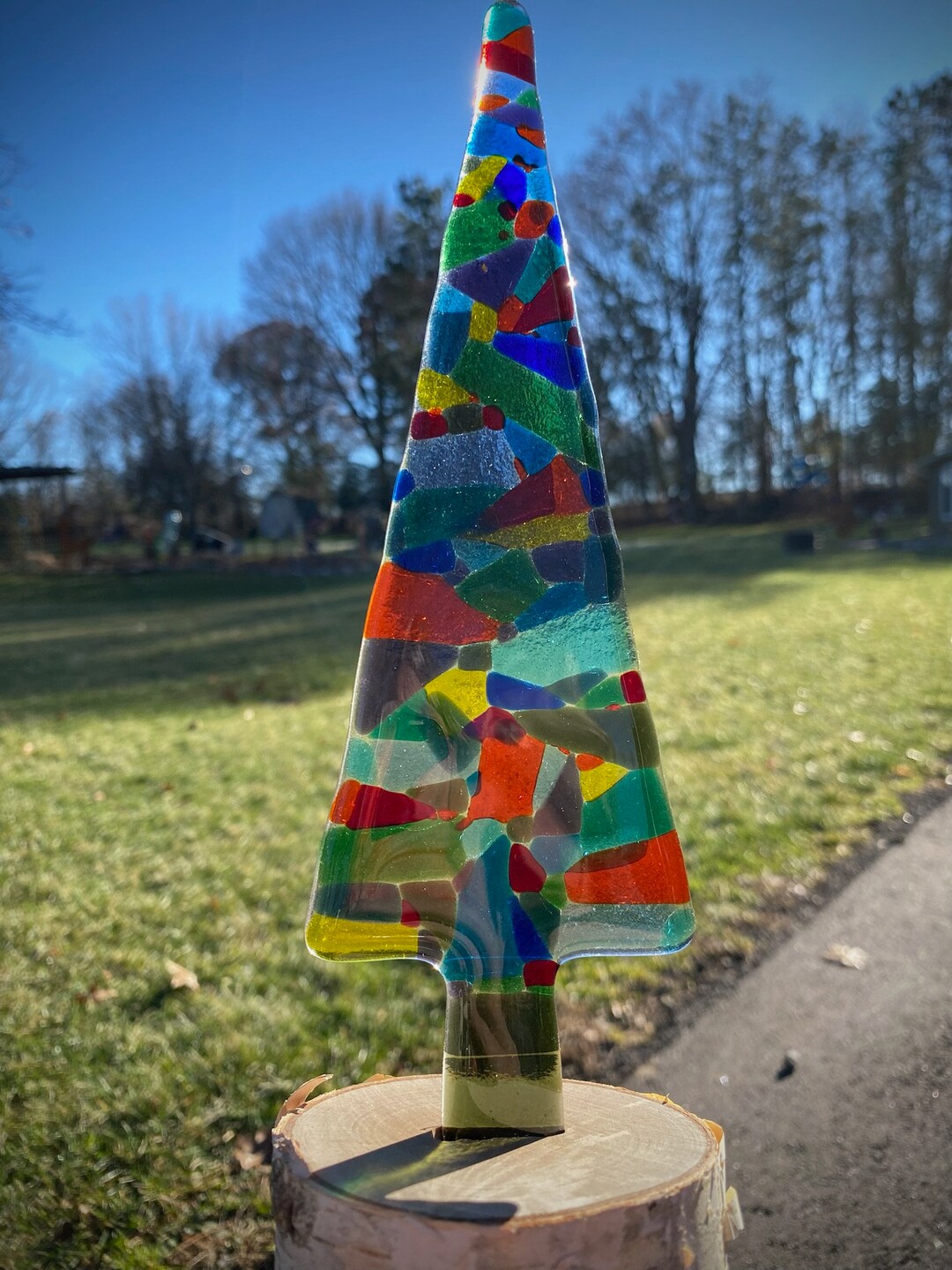 Fused Glass Tree Standing in a Birch Wood Slice, Abstract, Suncatcher ...