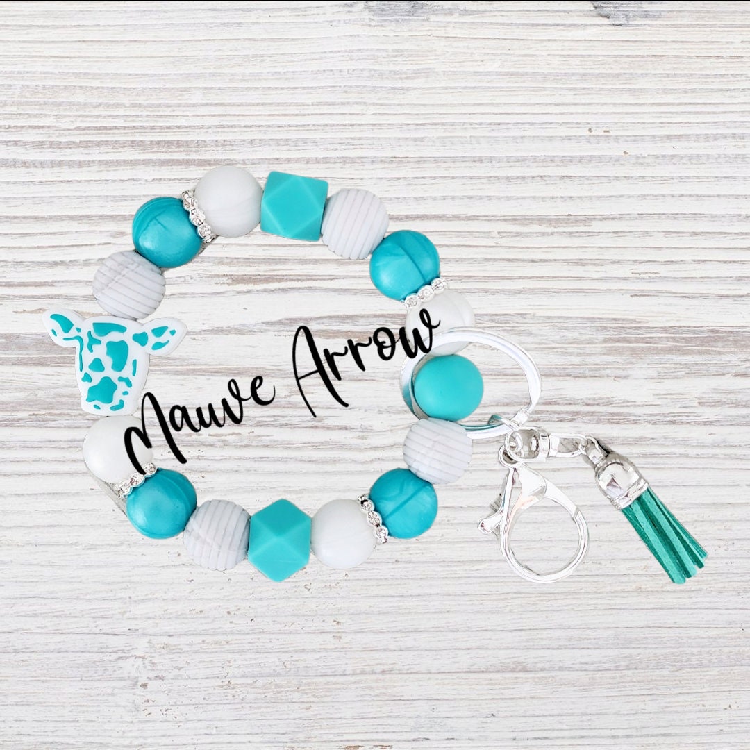 Chic Teal Cow Wristlet Keychain, Custom Keychain for Women, Stretchy ...