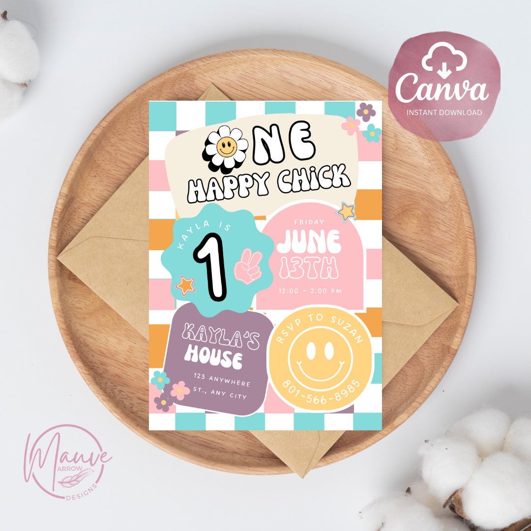 One Happy Chick Birthday Invitation Editable Girl Invite Groovy ...