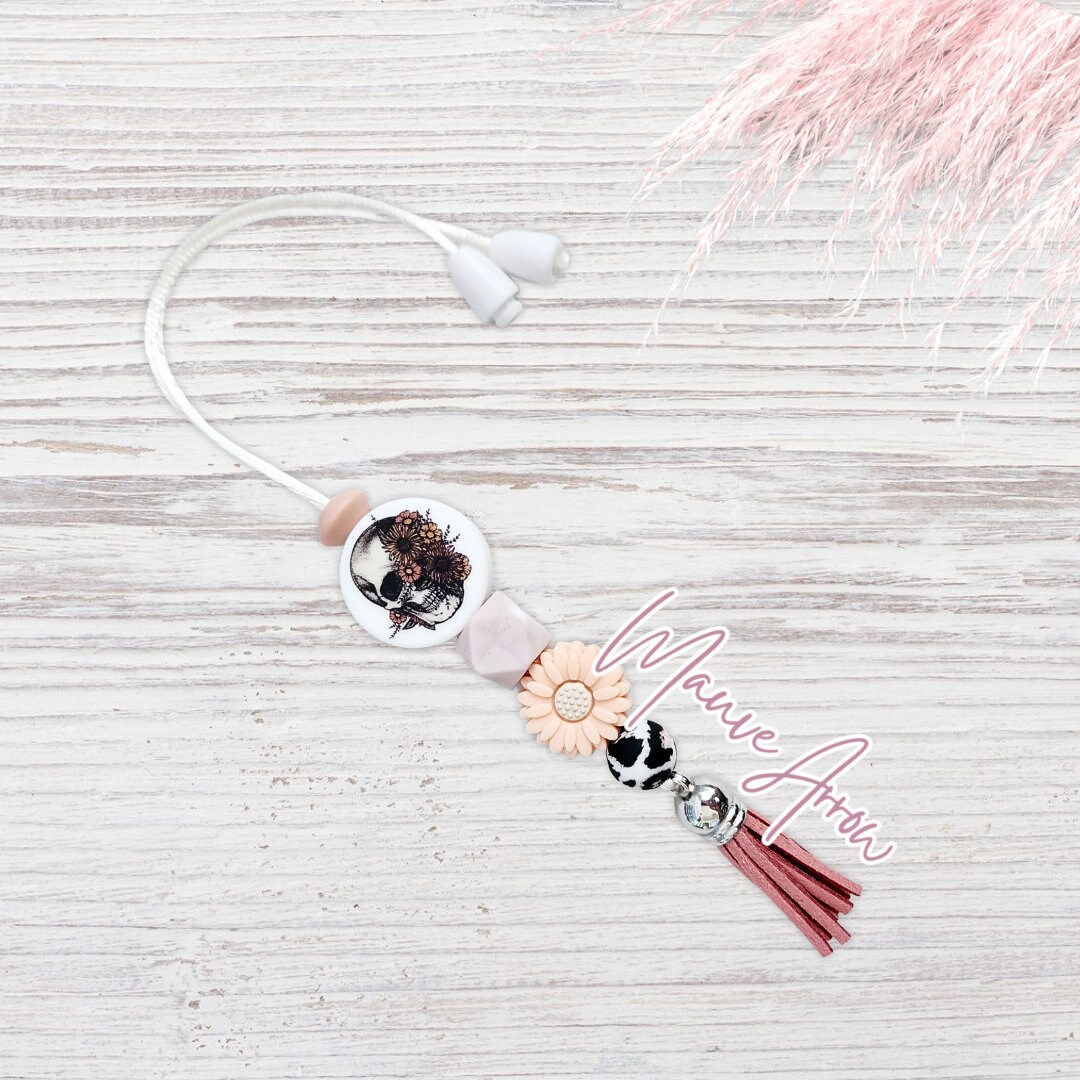 Peach Floral Skull Car Charm Rear View Mirror Charm, Silicone Beaded ...