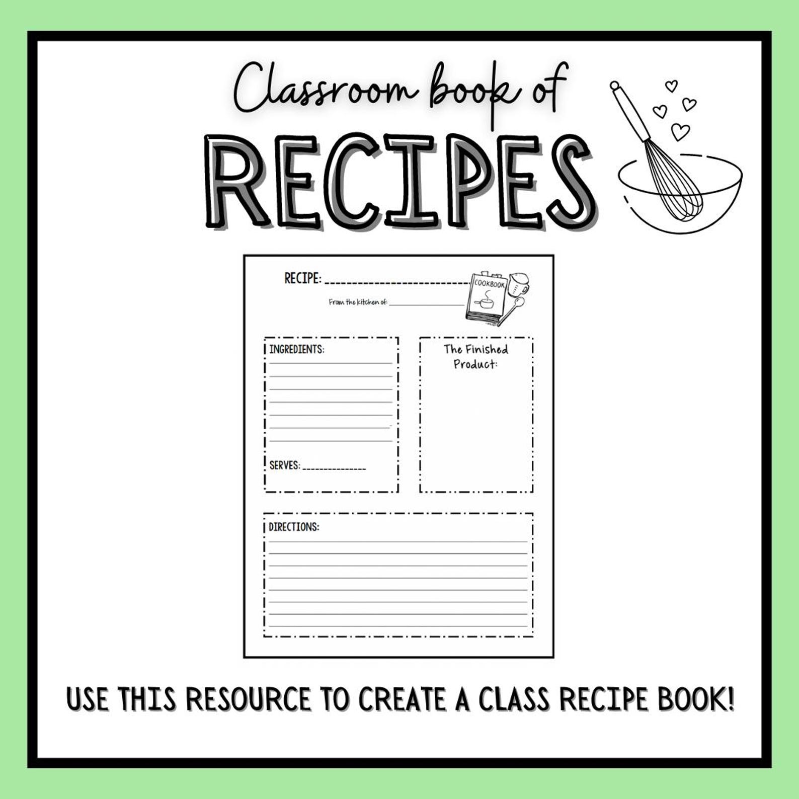 Classroom Recipe Book, Class Cookbook, Recipe Template Page, Holiday ...