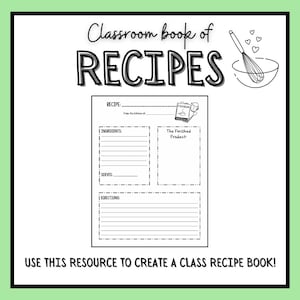 Classroom Recipe Book, Class Cookbook, Recipe Template Page, Holiday ...