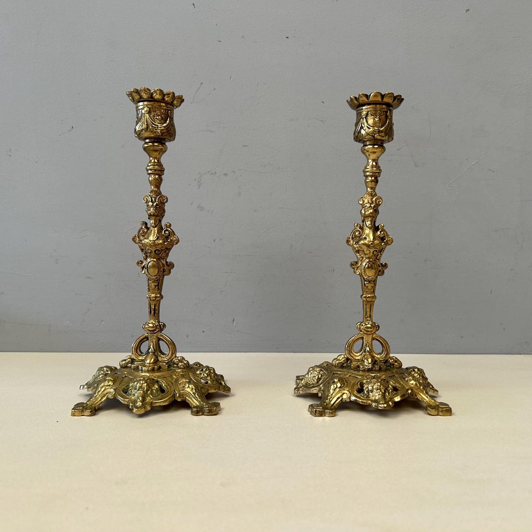 Pair of Antique French Ornate Gold Solid Brass Bronze Candle Sticks ...