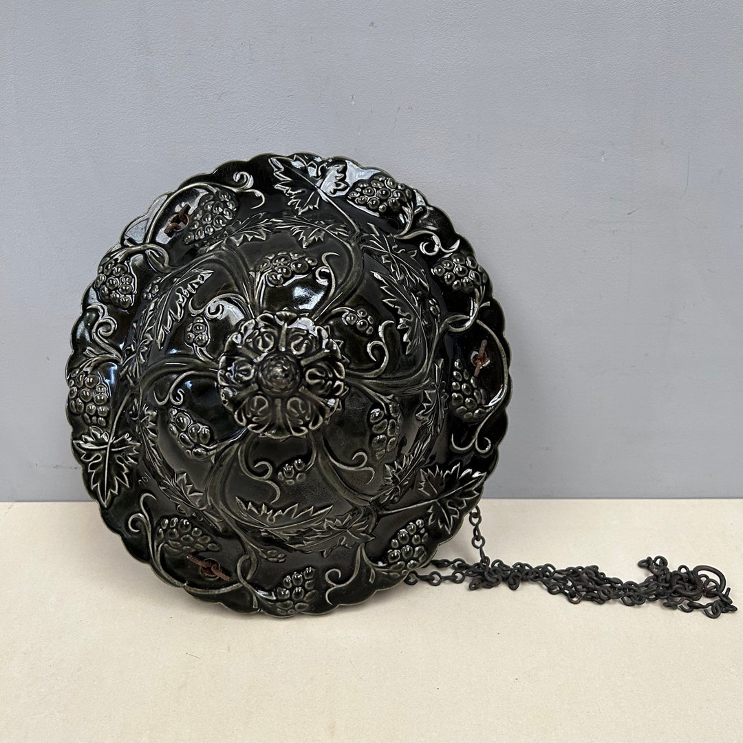 French Ornate Antique Majolica Jardiniere Hanging on Chains. Grape Vine ...