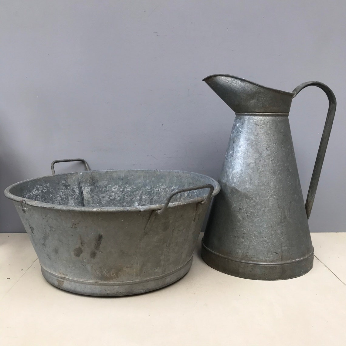 Beautiful Extra Large Vintage French Gray Metal Basin and | Etsy