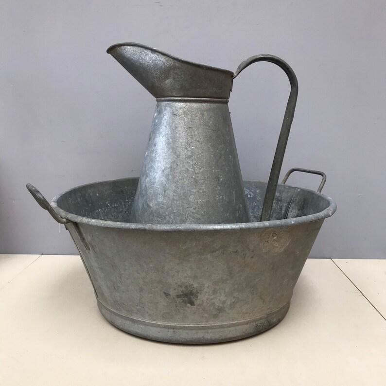 Beautiful Extra Large Vintage French Gray Metal Basin and | Etsy