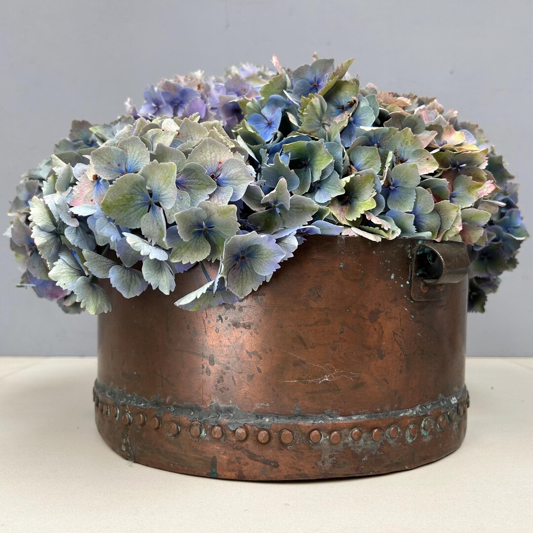 Large Antique French Copper Cauldron, Verdigris Patina, Decorative ...
