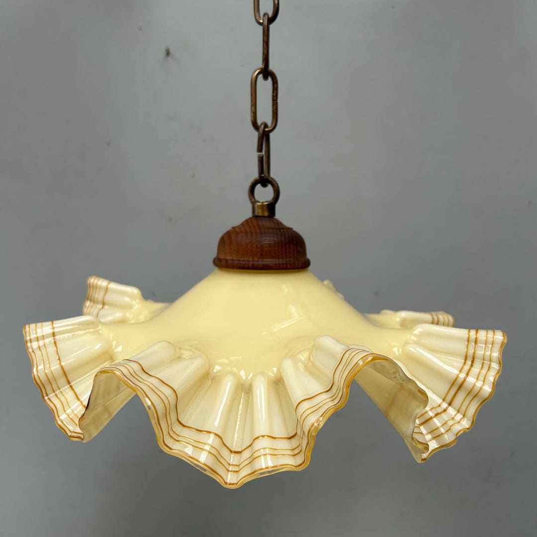 Pretty Vintage French Frilly Glass Lampshade - Pale Muted Yellow With ...