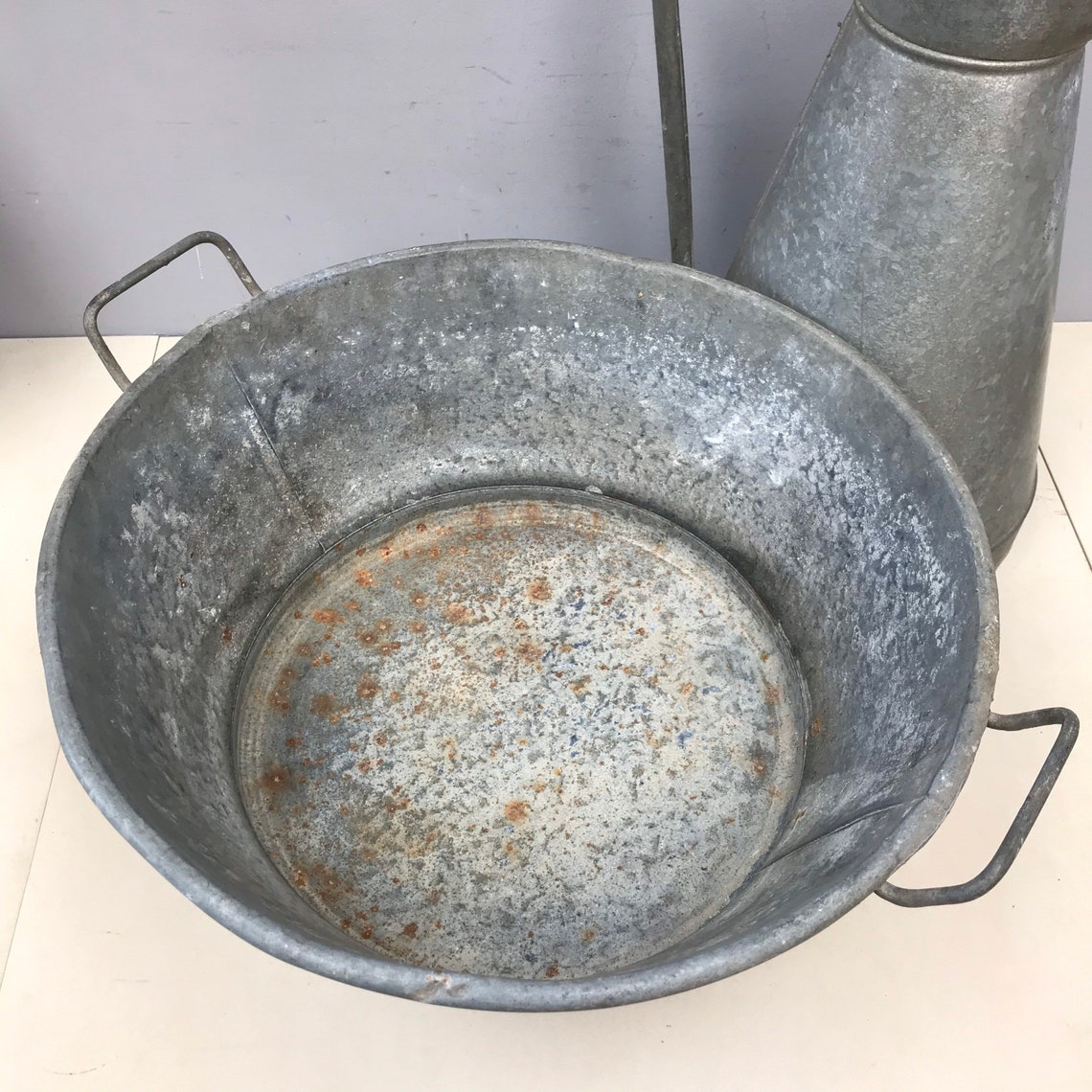 Beautiful Extra Large Vintage French Gray Metal Basin and | Etsy