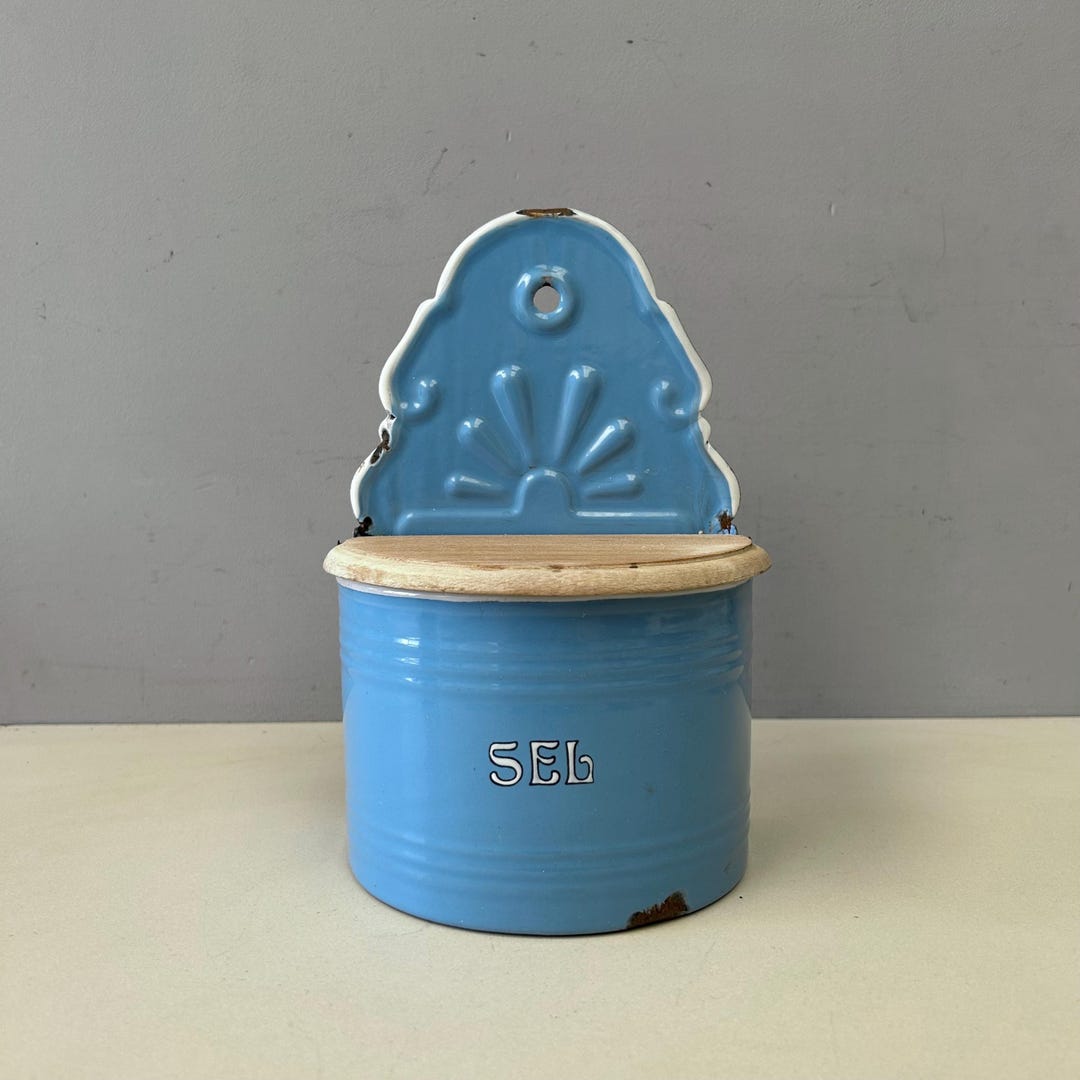 Sky Blue Enamel Cute Vintage French Chippy Enamelled Salt Sel Storage ...