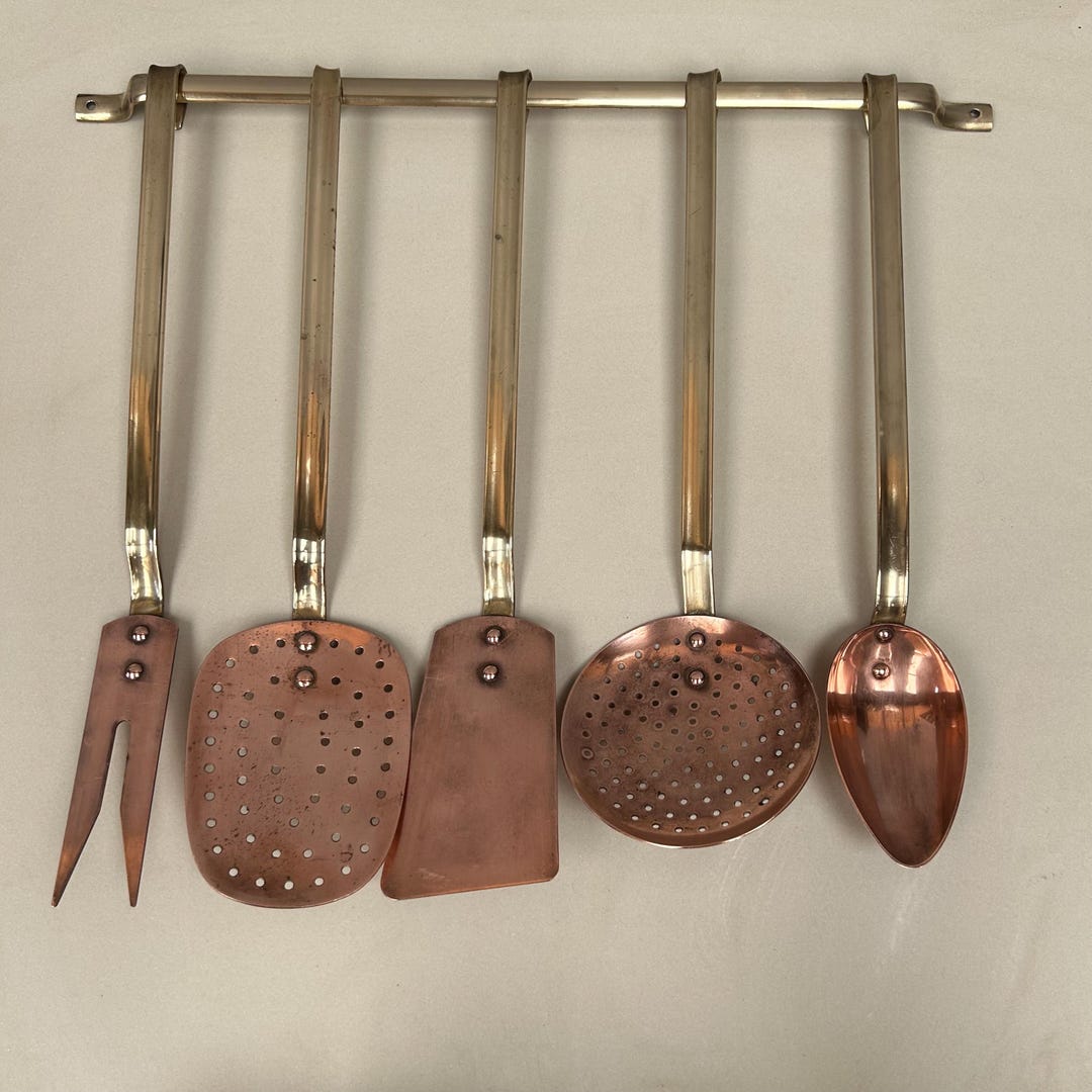 Set of 5 Vintage French Copper Cooking Utensils With Hanging Rail. Hand ...