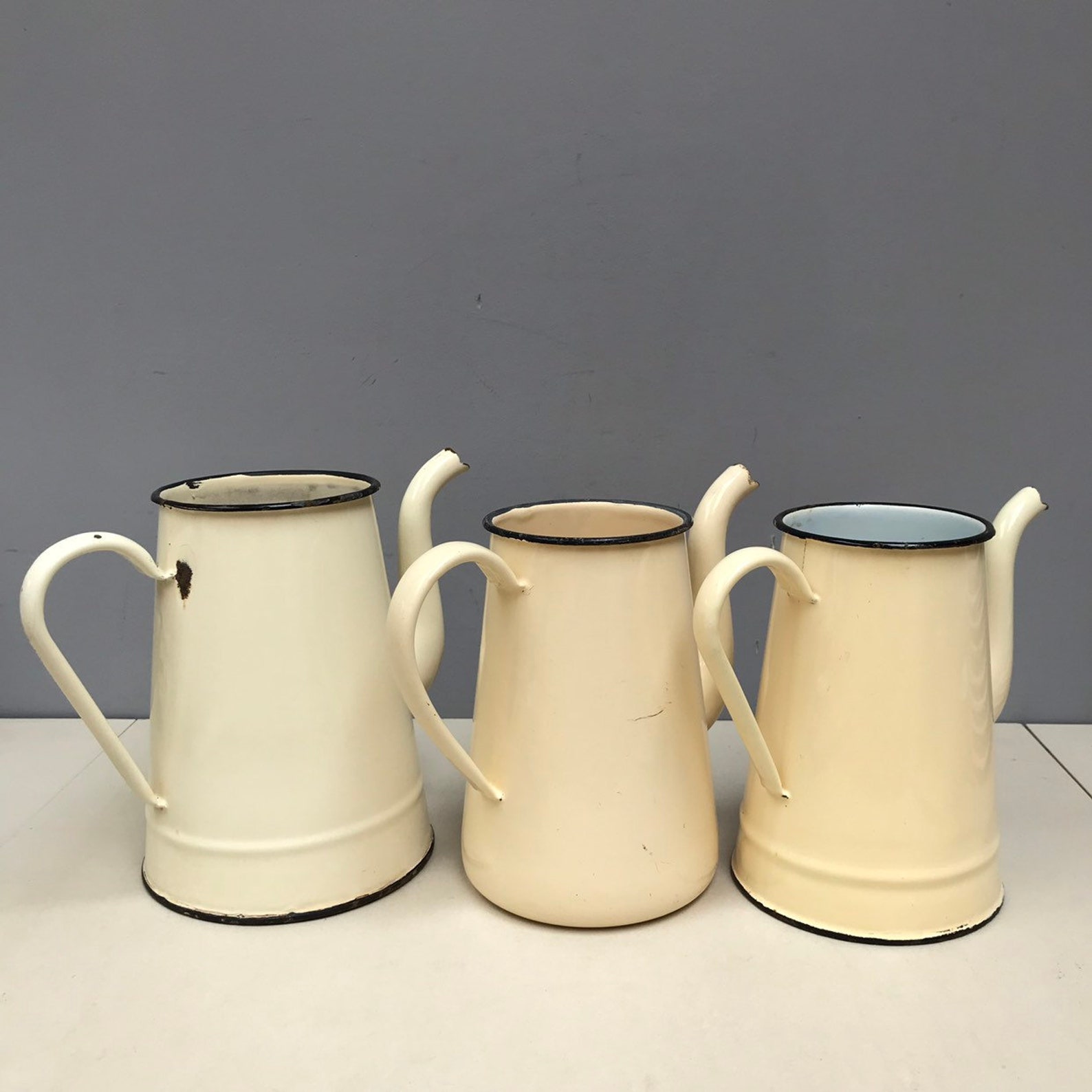 Trio of Vintage French Enamel Jugs in Cream Light Yellow Enamelware ...
