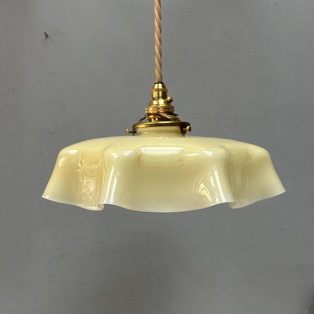 Pretty Vintage French Frilly Glass Lampshade - Pale Muted Yellow ...