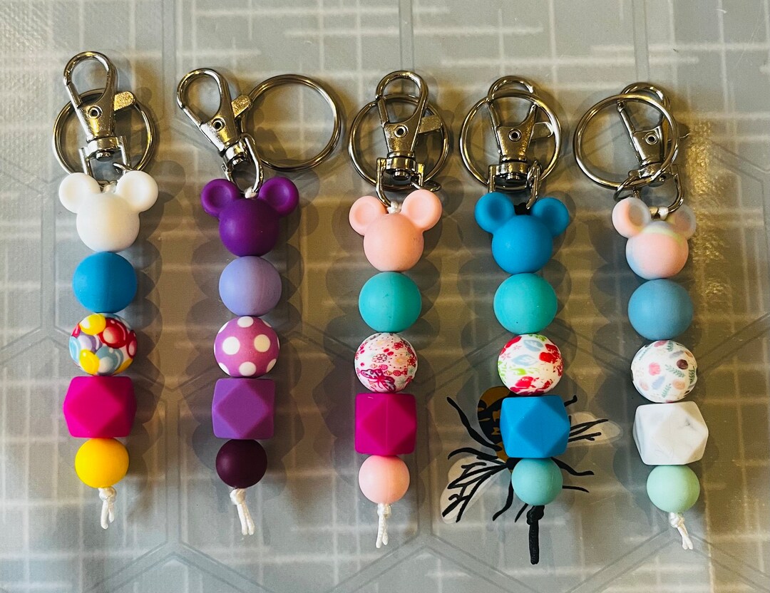 DISNEY INSPIRED MOUSE Rainbow/pattern Print Keyring Silicone Bead ...
